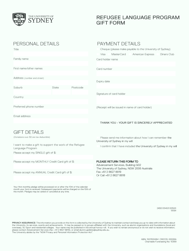 Fillable Online sydney edu REFUGEE LANGUAGE PROGRAM GIFT FORM - sydneyeduau - sydney edu Fax ...