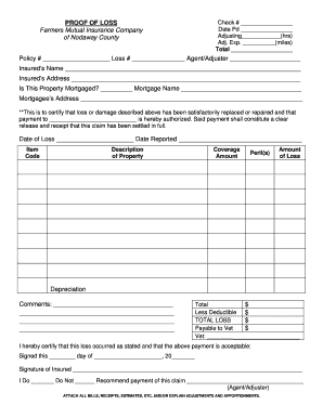 Fillable Online PROOF OF LOSS - fmnodawaycom Fax Email Print - pdfFiller
