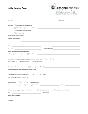 Fillable Online chadwickresidence Initial Inquiry Form - Chadwick Residence Fax Email Print ...