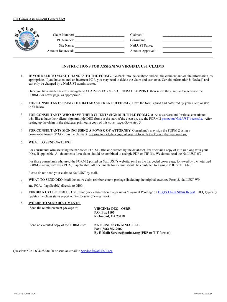 Fillable Online natlust VA Claim Assignment Coversheet - natlustorg Fax ...