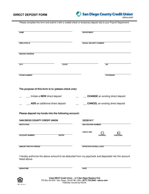 Fillable Online DIRECT DEPOSIT FORM - San Diego County Credit Union Fax ...