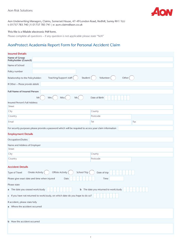 Fillable Online AonProtect Academia Report Form for Personal Accident ...