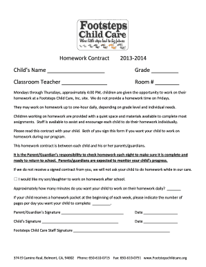 Fillable Online Homework Contract 2013-2014 - footstepschildcareorg Fax ...