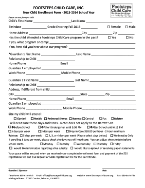 Fillable Online New Child Enrollment Form 20132014 School Year Fax ...