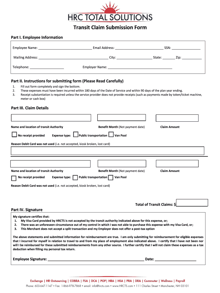 Fillable Online Transit Claim Submission Form - hrctscom Fax Email ...
