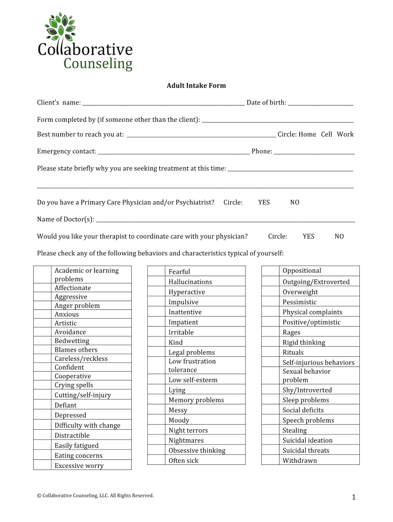 Fillable Online Adult Intake Form - Collaborative Counseling amp Fax ...