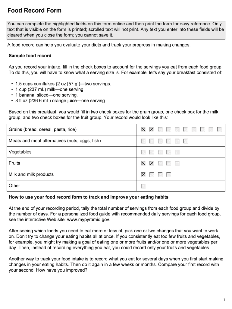 Fillable Online Food Record Form - edubcpacom Fax Email Print - pdfFiller