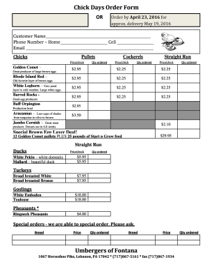 Fillable Online Chick Days Order Form - umbergerscom Fax Email Print ...