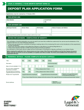 Fillable Online Bdepositb plan bapplication formb - Legal amp General Fax Email Print - pdfFiller
