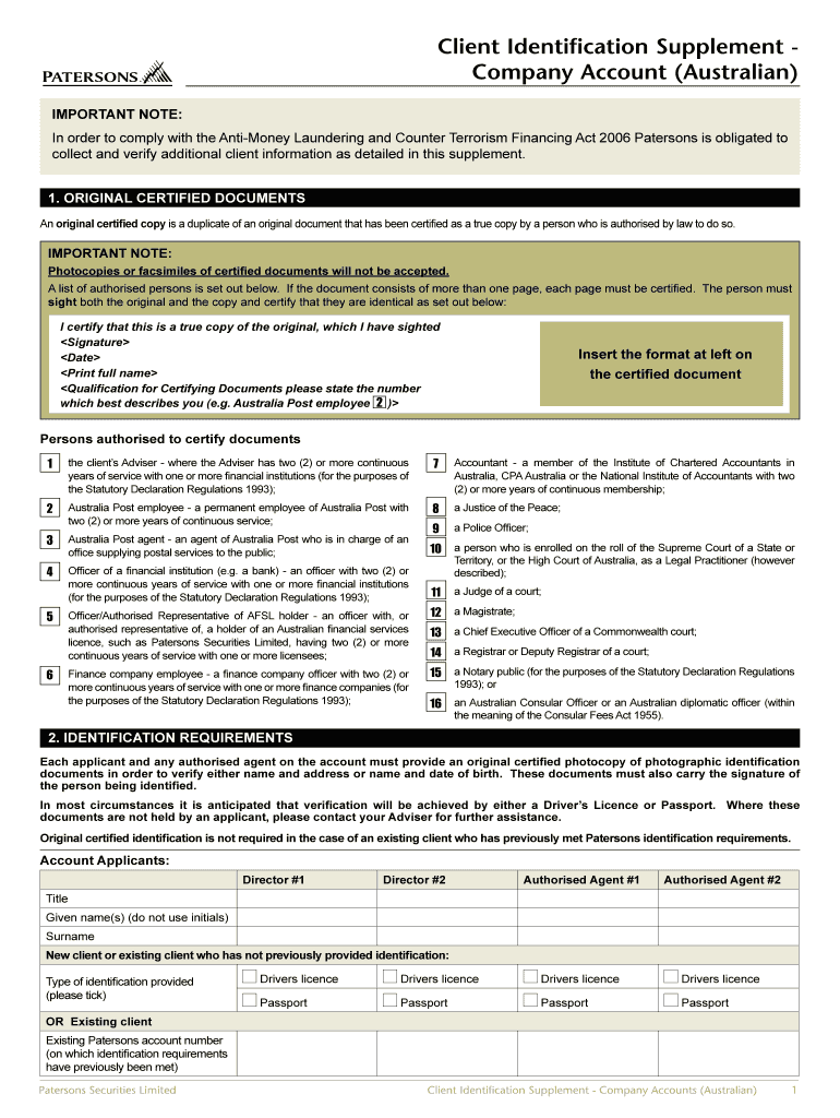 Fillable Online Client ID Supplement Australian - patersonsamcomau Fax ...