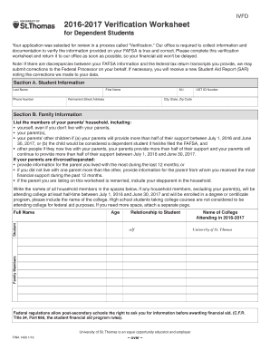 Fillable Online stthomas 2016-2017 Verification Worksheet - University of St Thomas Fax Email ...