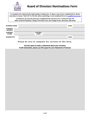 Fillable Online alumni holycross Board of Directors Nominations Form - College of the Holy Fax ...