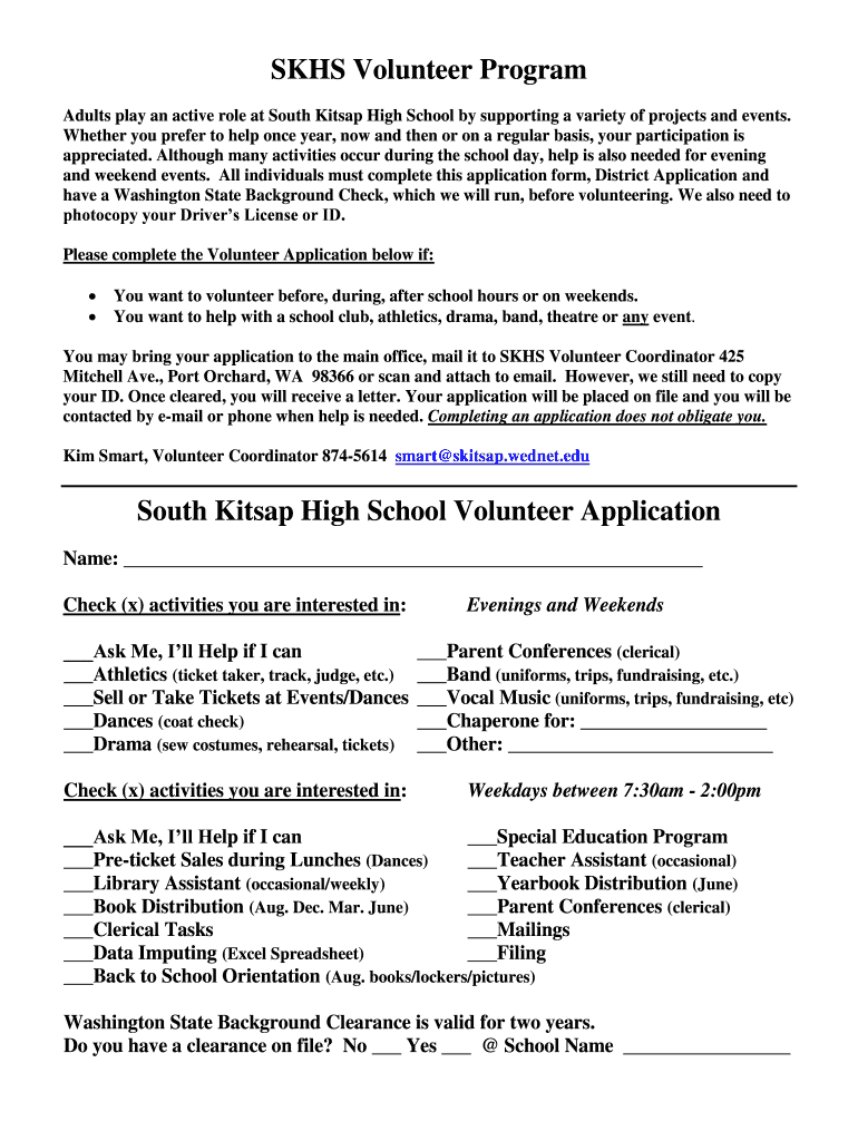 Fillable Online skitsap wednet SKHS Volunteer bApplication 2016b - skitsap wednet Fax Email ...