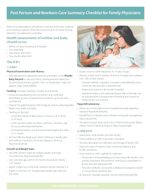 Fillable Online Post Partum and Newborn Care Summary Checklist for ...