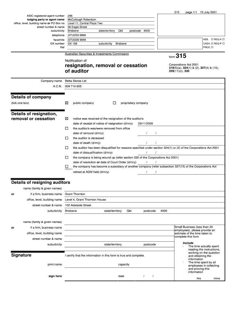 Fillable Online nsxa com Form 315 Notice of resignation removal or ...