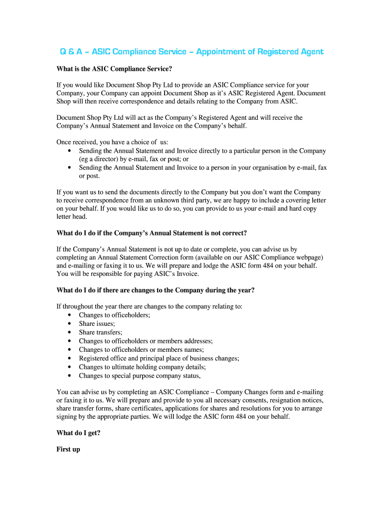 Fillable Online Q & A ASIC Compliance Service Appointment of Registered ...