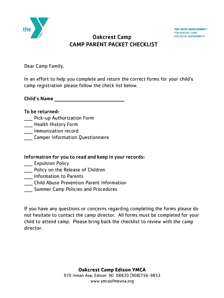 Fillable Online ymcaofmewsa Oakcrest Camp CAMP PARENT PACKET CHECKLIST ...