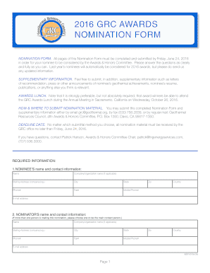 Fillable Online geothermal 2016 GRC AWARDS NOMINATION FORM ...