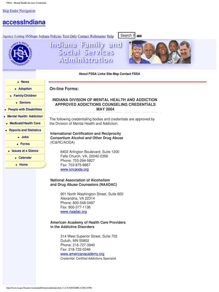 Fillable Online FSSA - Mental Health Services-Credentials Fax Email ...