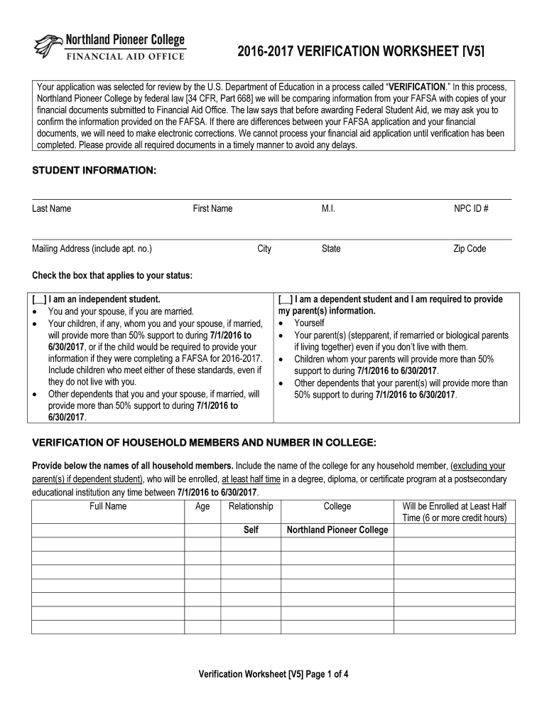 Fillable Online npc 2016-2017 VERIFICATION WORKSHEET V5 - npcedu Fax Email Print - pdfFiller