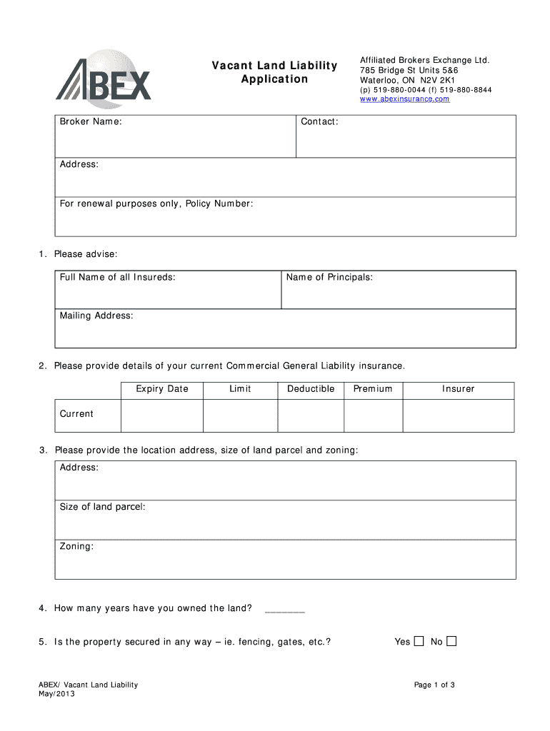 Fillable Online Vacant Land Liability Application Fax Email Print ...