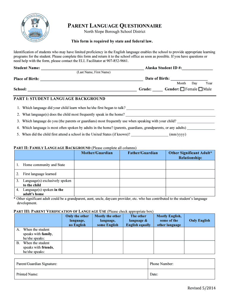 Fillable Online P LANGUAGE QUESTIONNAIRE North Slope Borough School ...