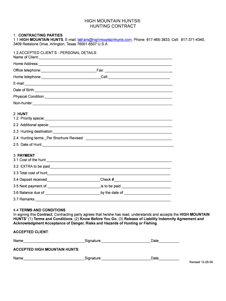 Fillable Online Hunting Contract - High Mountain Hunts Fax Email Print ...