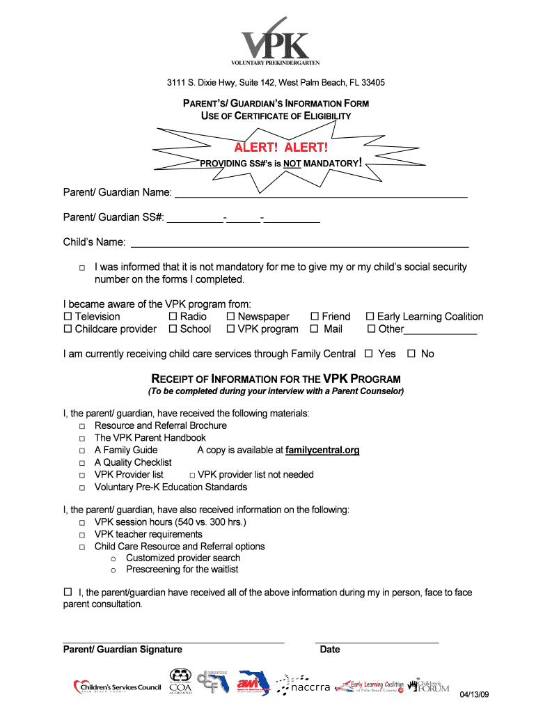 Fillable Online PARENT S GUARDIAN S INFORMATION FORM USE OF CERTIFICATE ...