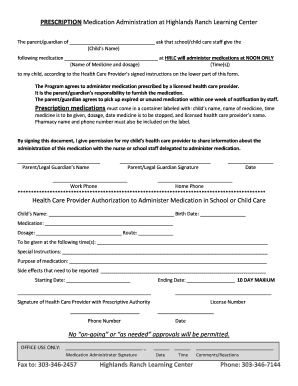 Fillable Online PRESCRIPTION Medication Administration at Highlands ...