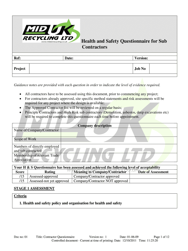 Fillable Online Health and Safety Questionnaire for Sub Fax Email Print ...