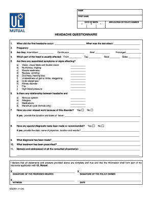 Fillable Online ulmutual EQC051-Headache questionnaire - ulmutual Fax ...