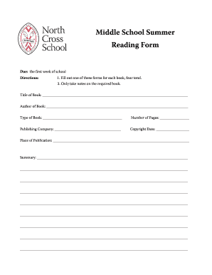 Fillable Online northcross Middle School Summer Reading Form - North ...
