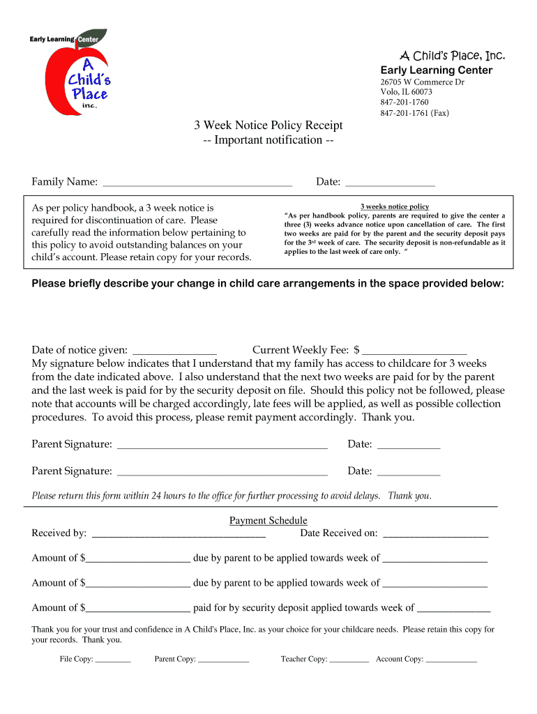 Fillable Online 3 Week Notice Policy Receipt -- Important notification ...