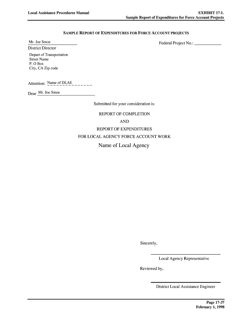 Fillable Online caltrans ca SAMPLE REPORT OF EXPENDITURES FOR FORCE ...