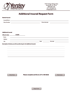 Fillable Online Additional Insured Request Form - Yergey Insurance Fax ...