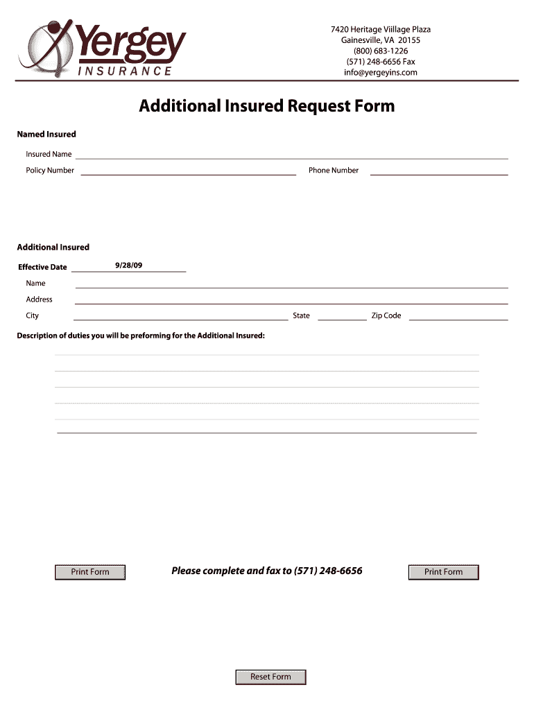 Fillable Online Additional Insured Request Form - Yergey Insurance Fax ...