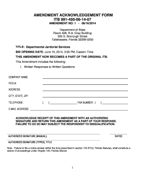 Fillable Online AMENDMENT ACKNOWLEDGEMENT FORM ITB 991-450-06-14-07 ...