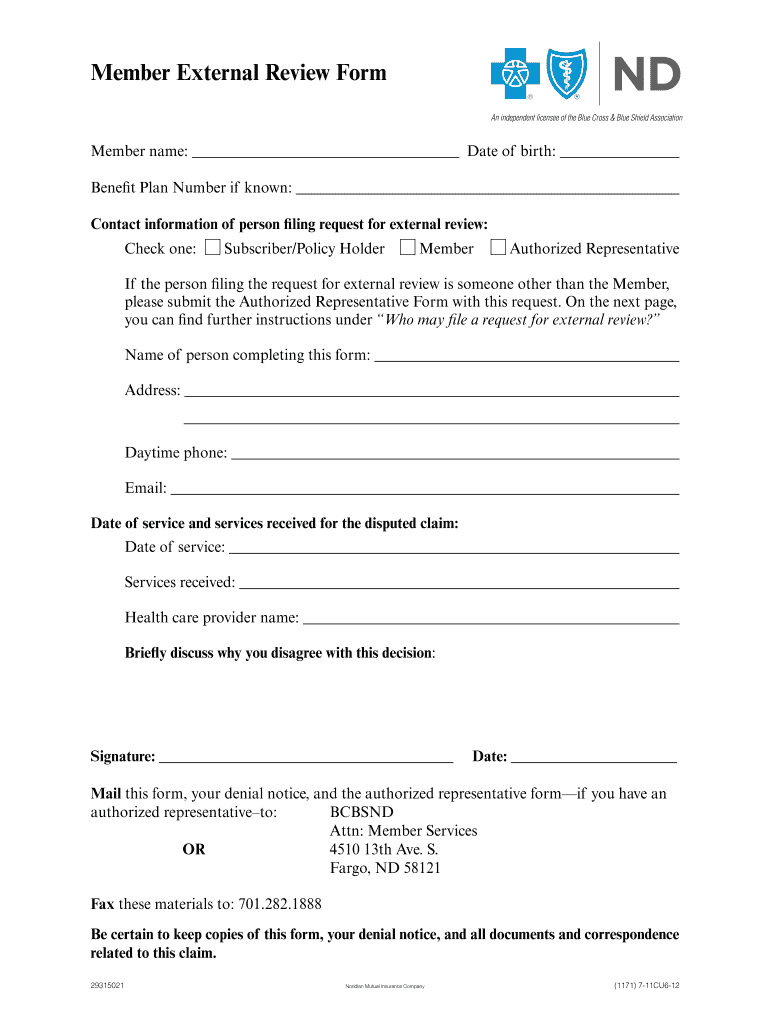 Fillable Online Member External Review Form - Blue Cross Blue Shield of ...