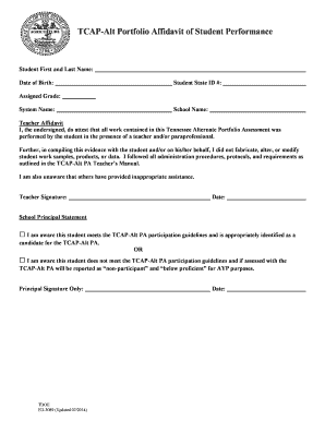 Fillable Online tn TCAP-Alt Portfolio Affidavit of Student Performance ...
