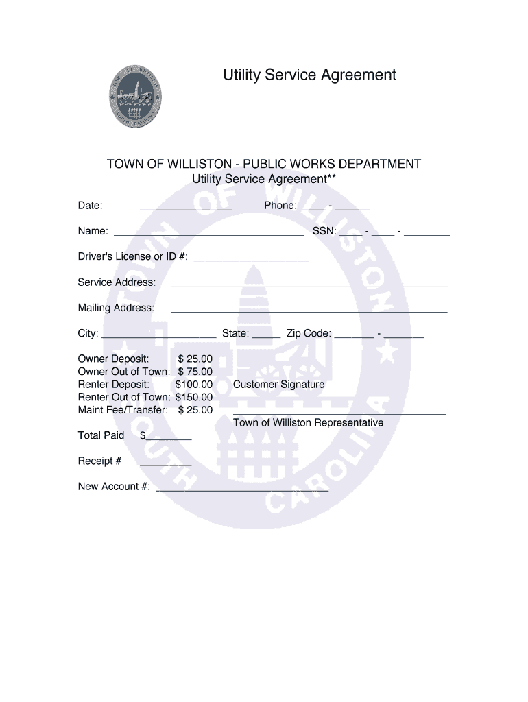 Fillable Online Utility Service Agreement - williston-sccom Fax Email ...