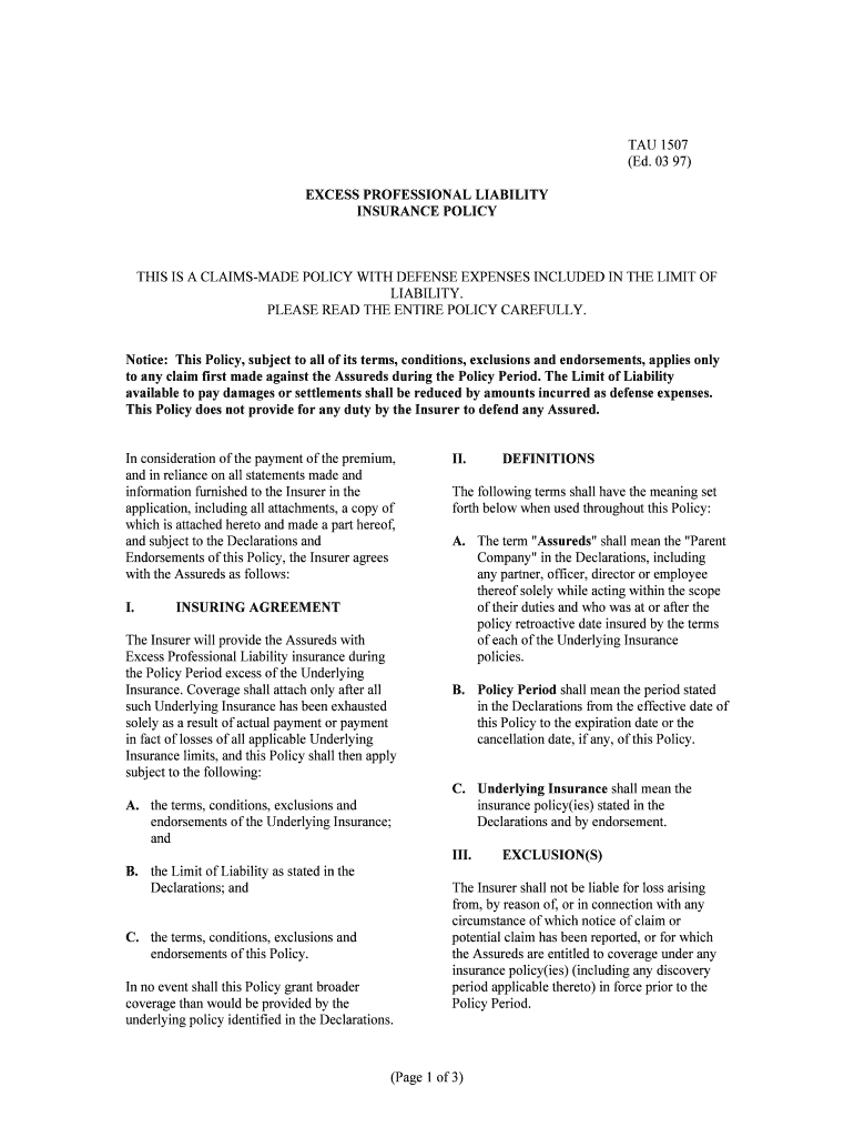 Fillable Online Excess policy form tau 1507 - Executive Perils Fax ...