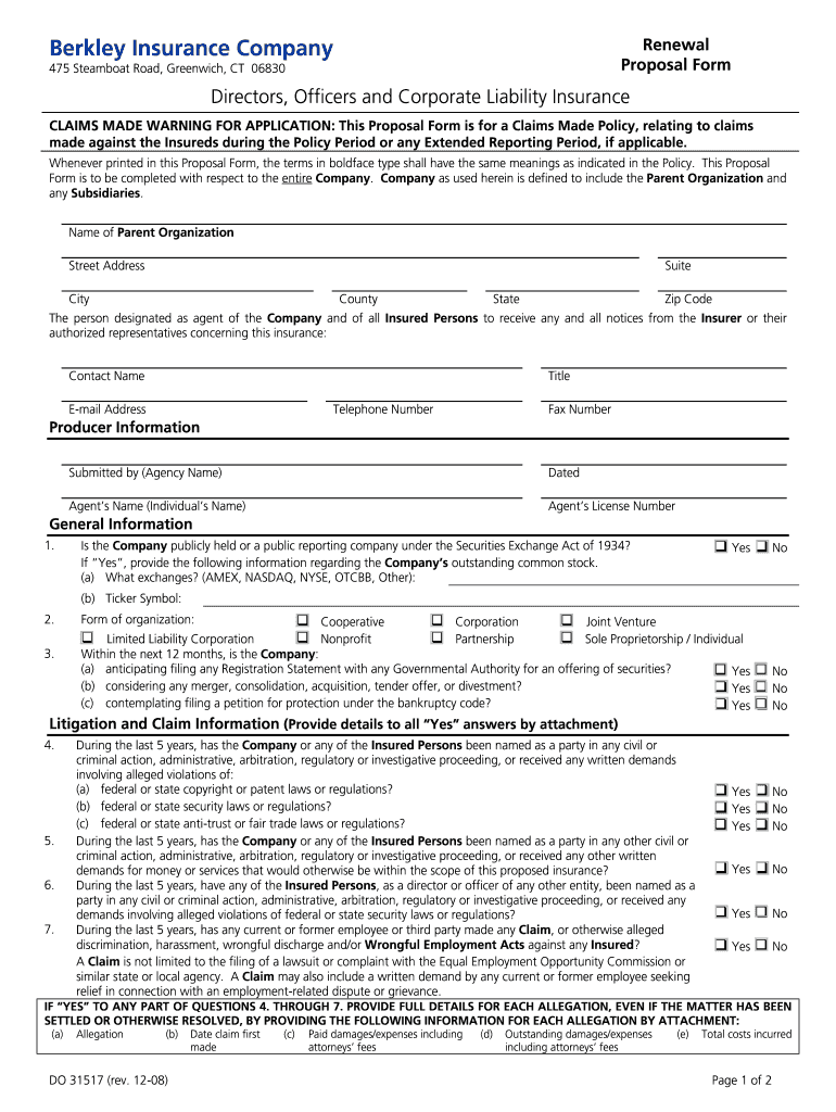 Fillable Online Berkley Insurance Company - eperilscom Fax Email Print ...