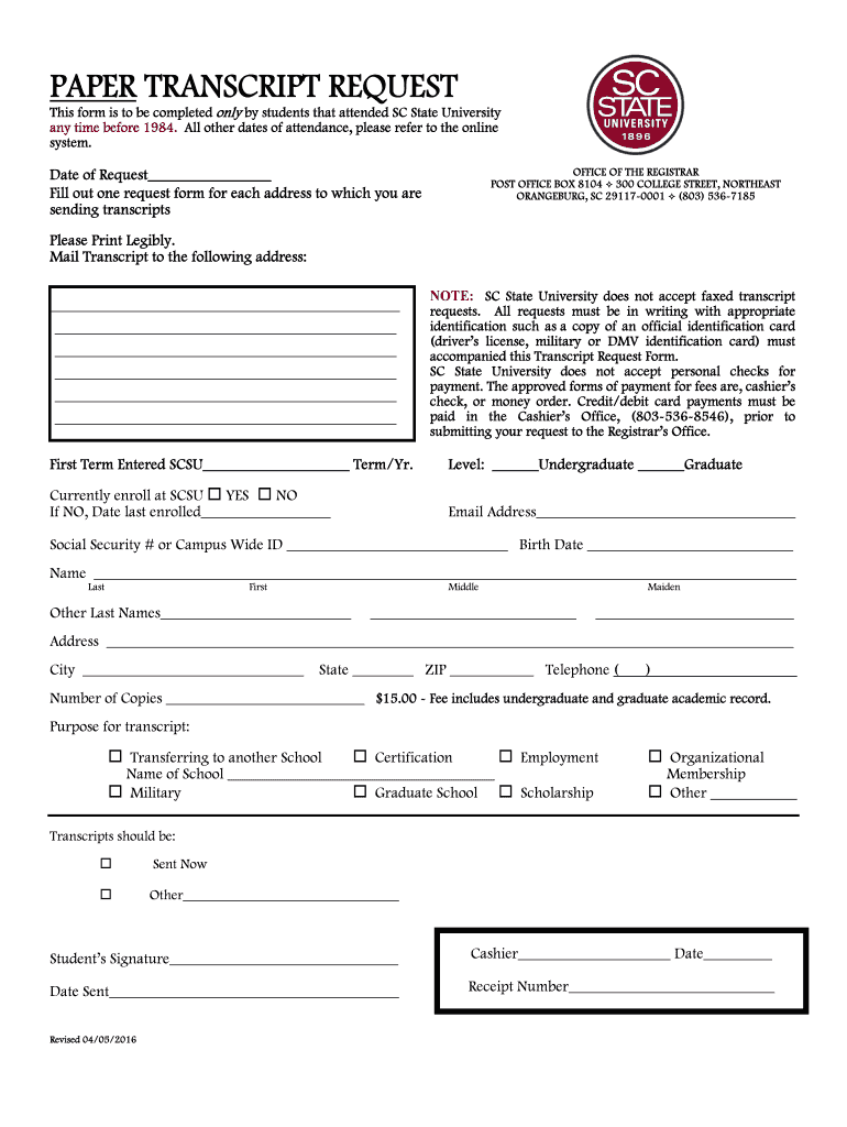 Fillable Online scsu PAPER TRANSCRIPT REQUEST - scsu Fax Email Print ...