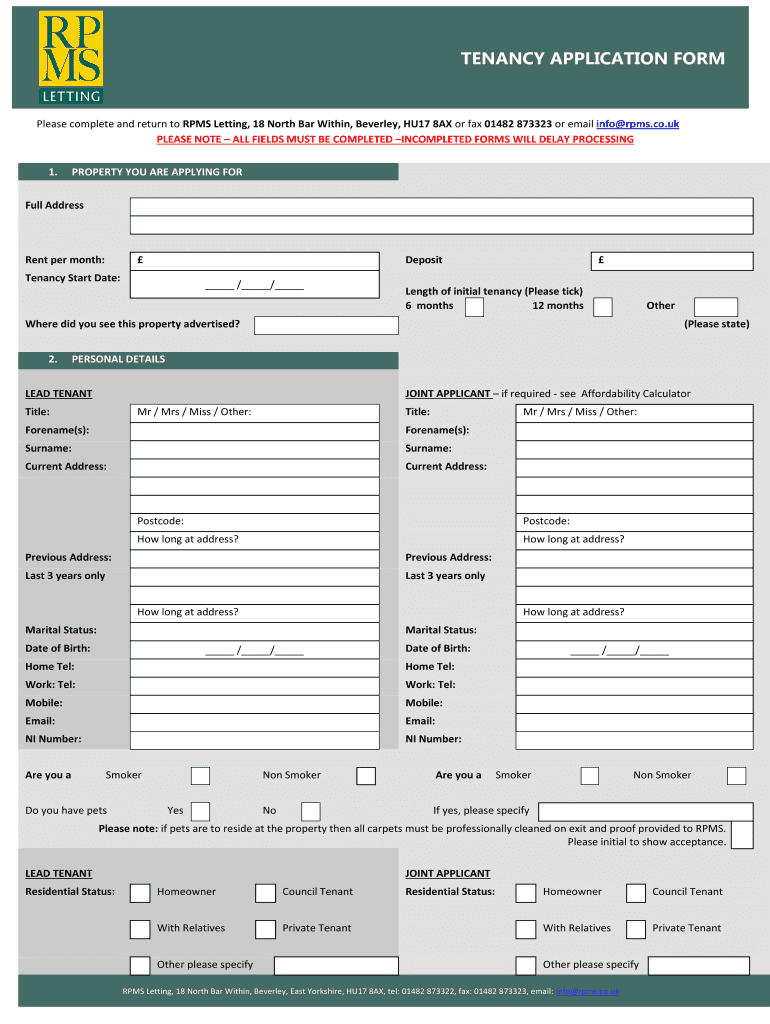 Fillable Online TENANCY APPLICATION FORM - RPMS Letting Fax Email Print ...
