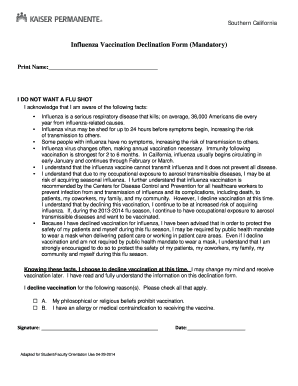 Fillable Online Influenza Vaccination Declination Form Mandatory Fax ...