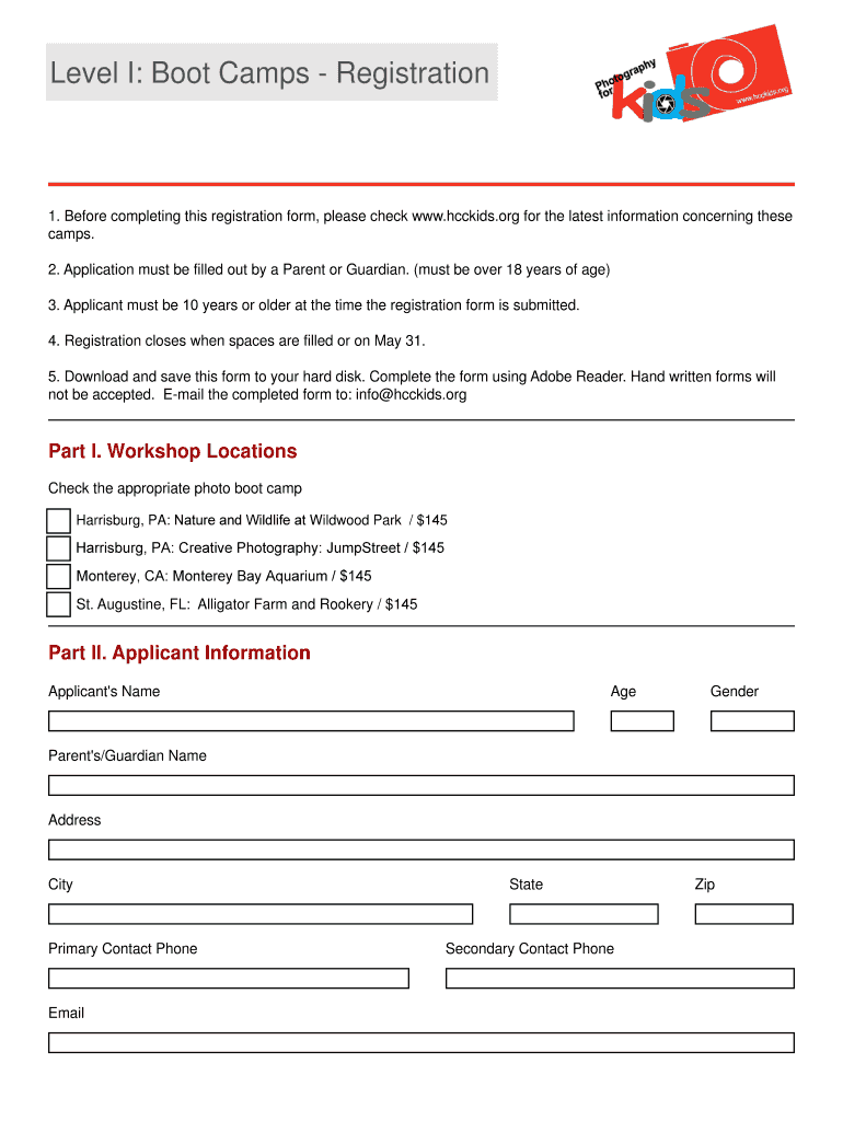 Fillable Online hcckids Level I Boot Camps - Registration - hcckidsorg ...