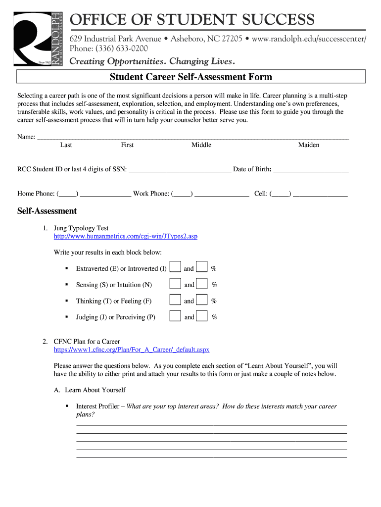 Fillable Online randolph Student Career Self-Assessment Form ...
