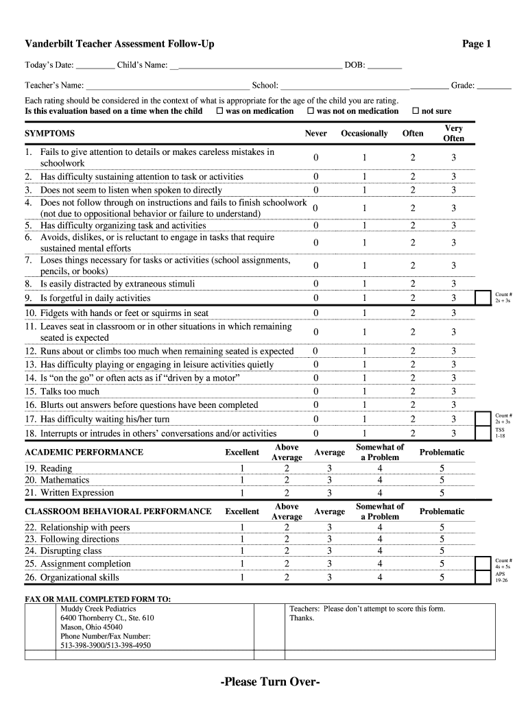 Fillable Online Vanderbilt Teacher Assessment FollowUp Fax Email Print ...