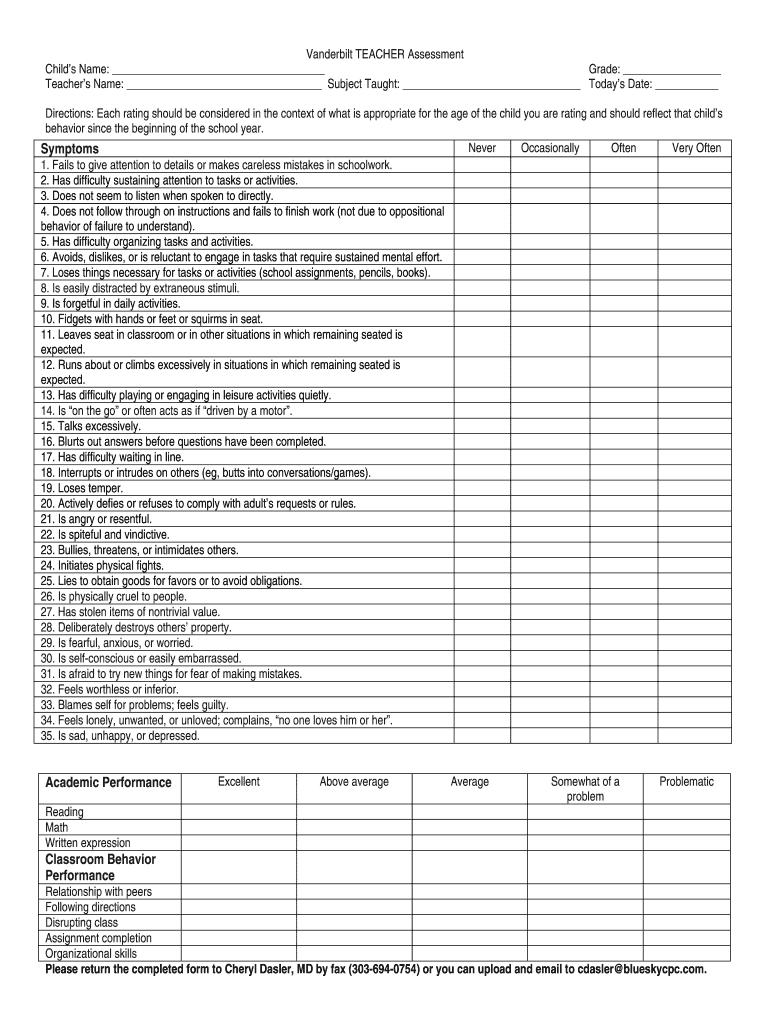 Fillable Online Symptoms - denverchildpsychiatrycom Fax Email Print ...