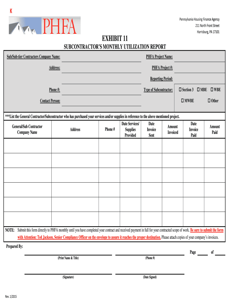 Fillable Online phfa SUBCONTRACTORS MONTHLY UTILIZATION REPORT Fax ...